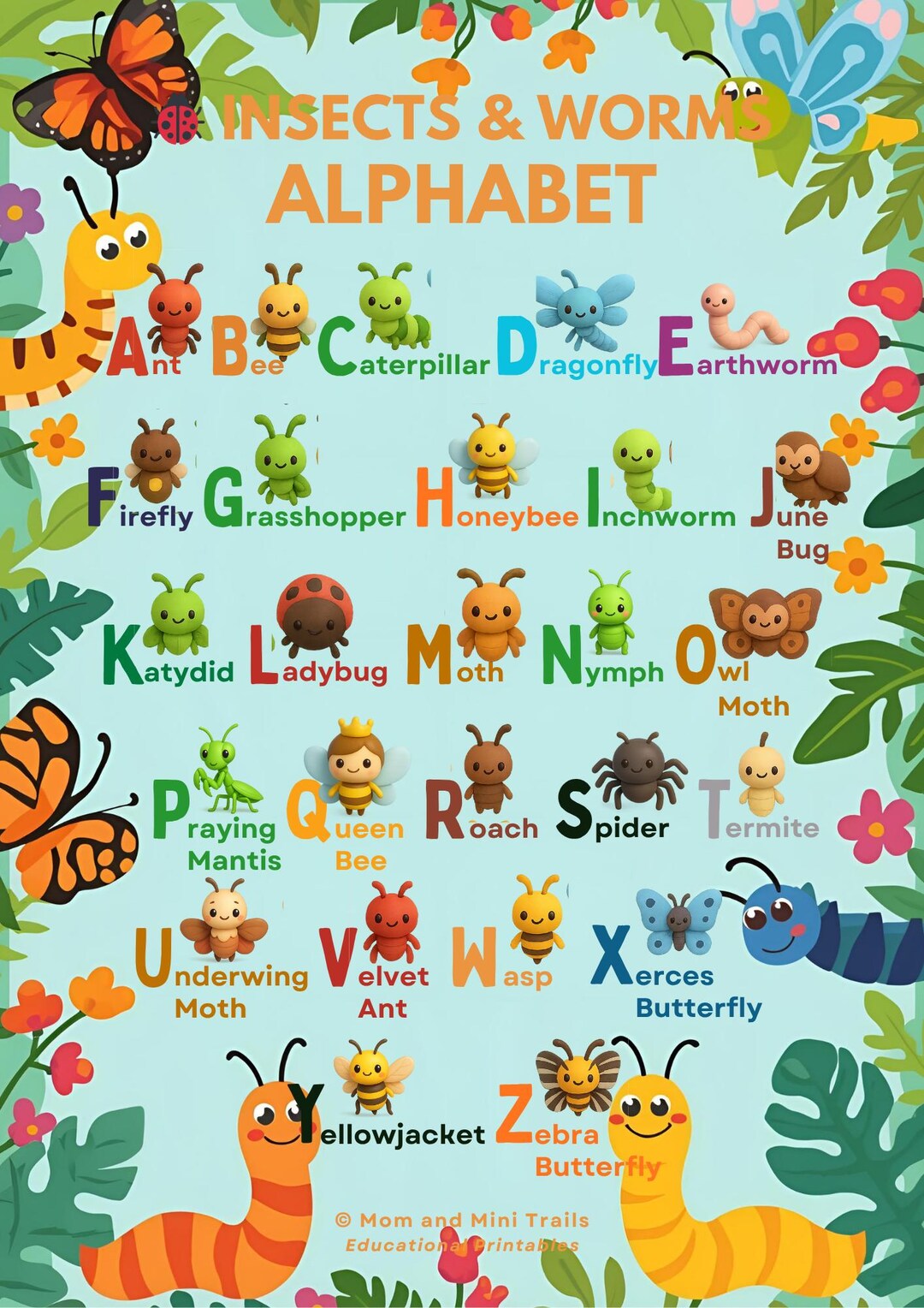 Insects & Worms Alphabet Poster – Preschool Science Decor – Printable ...