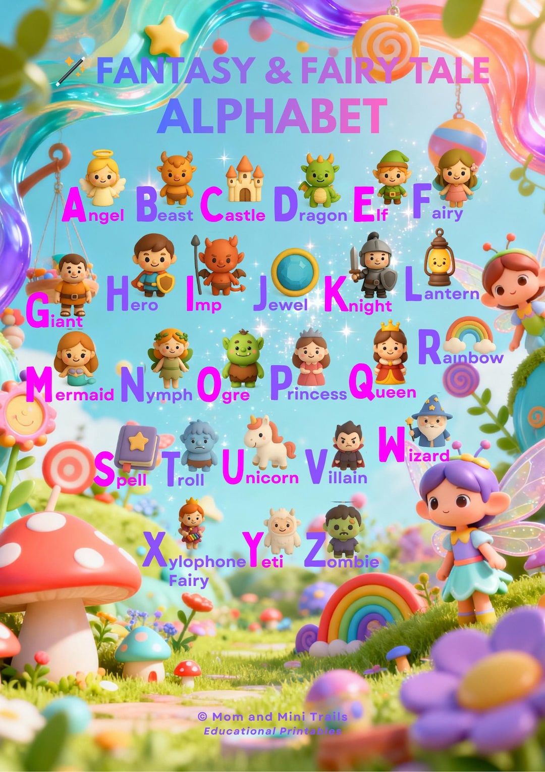 Fantasy & Fairy Tale Alphabet Poster – Kids Imagination Room Decor ...