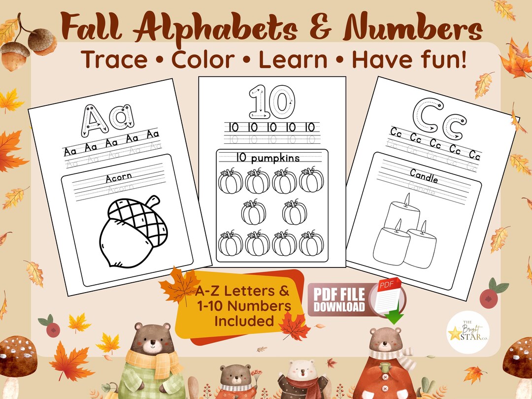 Fall Alphabet Number Tracing Worksheets • Preschool Printable (PDF) - Etsy