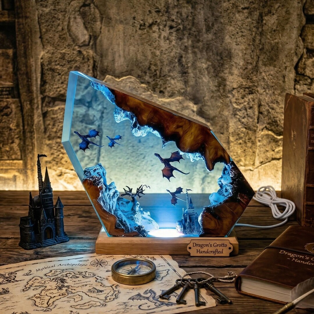 Dragon Castle Resin Lamp, Fantasy Grotto Epoxy Wood Night Light, D&D ...