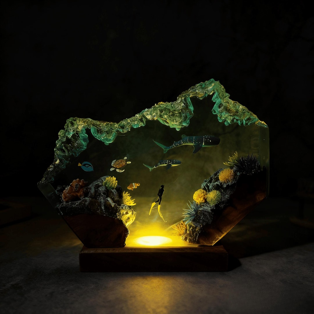 Ocean Resin Night Light With Scuba Diver and Sea Creatures – Handmade ...