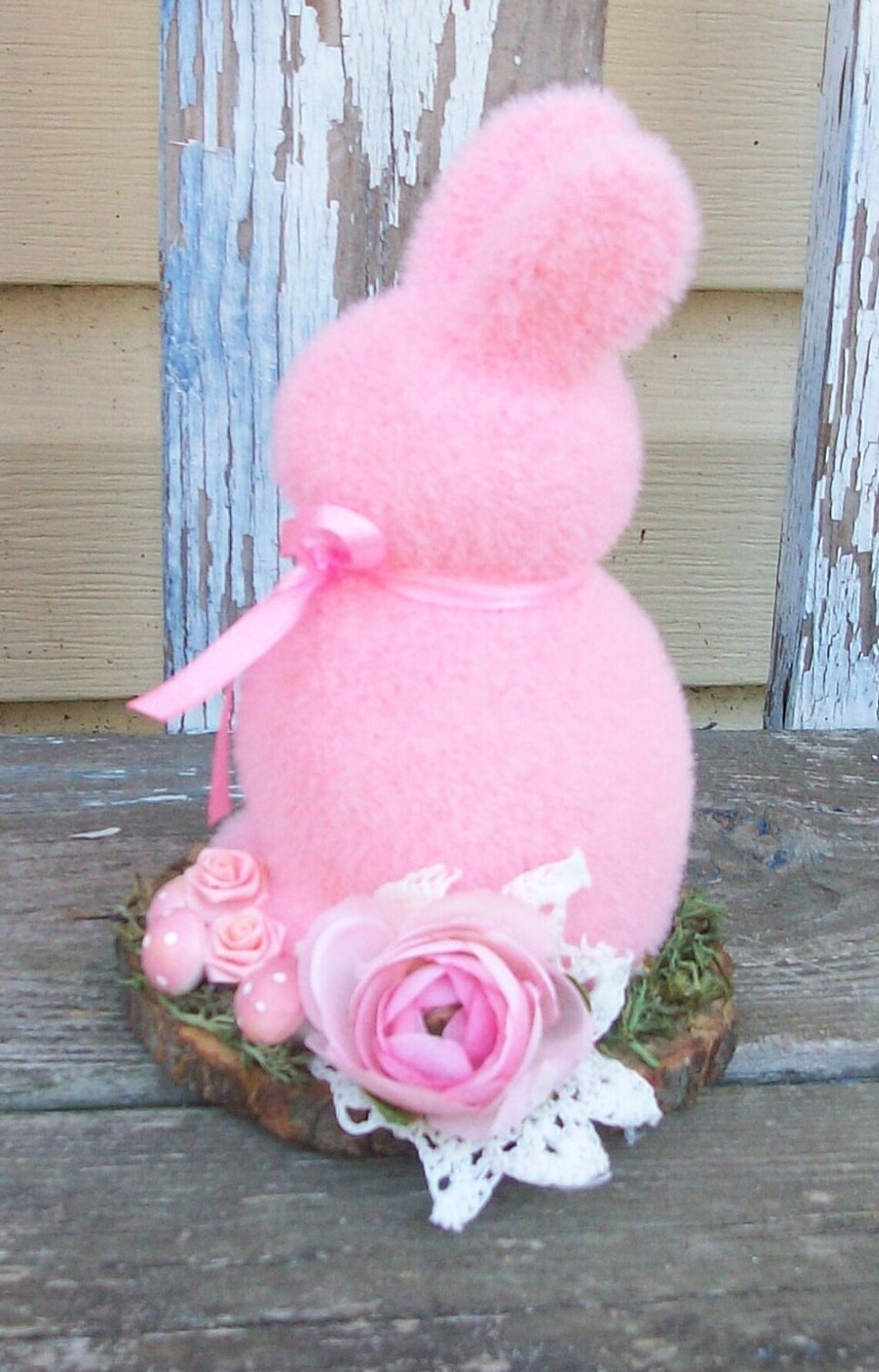 Flocked Pink Rabbit Decor With Roses Poppies and Mushroom - Etsy