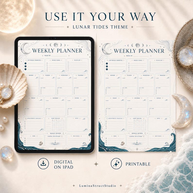 Lunar Tides Weekly Planner, Moon Ocean Theme, Printable PDF, Digital ...