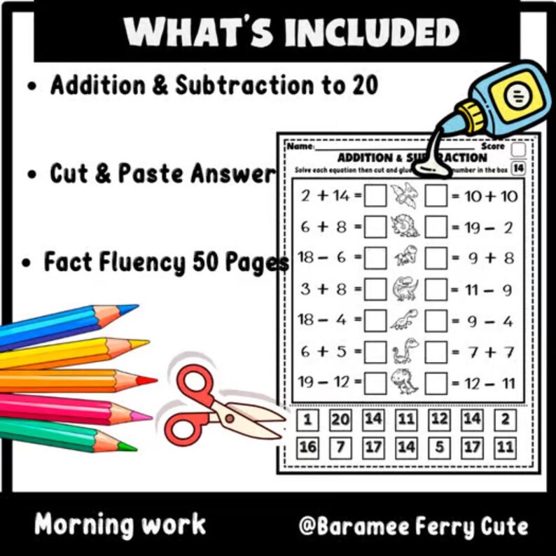 Cut and Paste Math Worksheets Addition Subtraction to 20 1st Grade Math ...