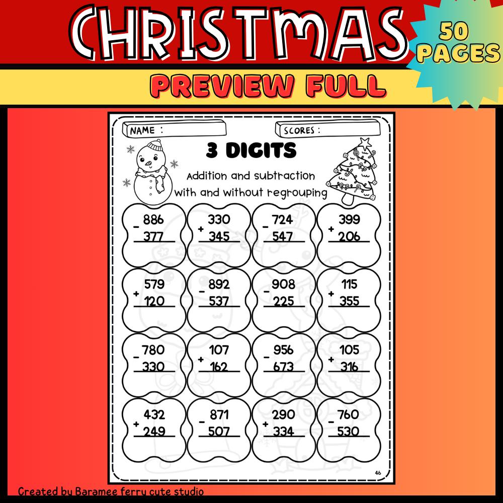 3 Digit Addition and Subtraction Worksheets, Winter Math Packet, 2nd ...