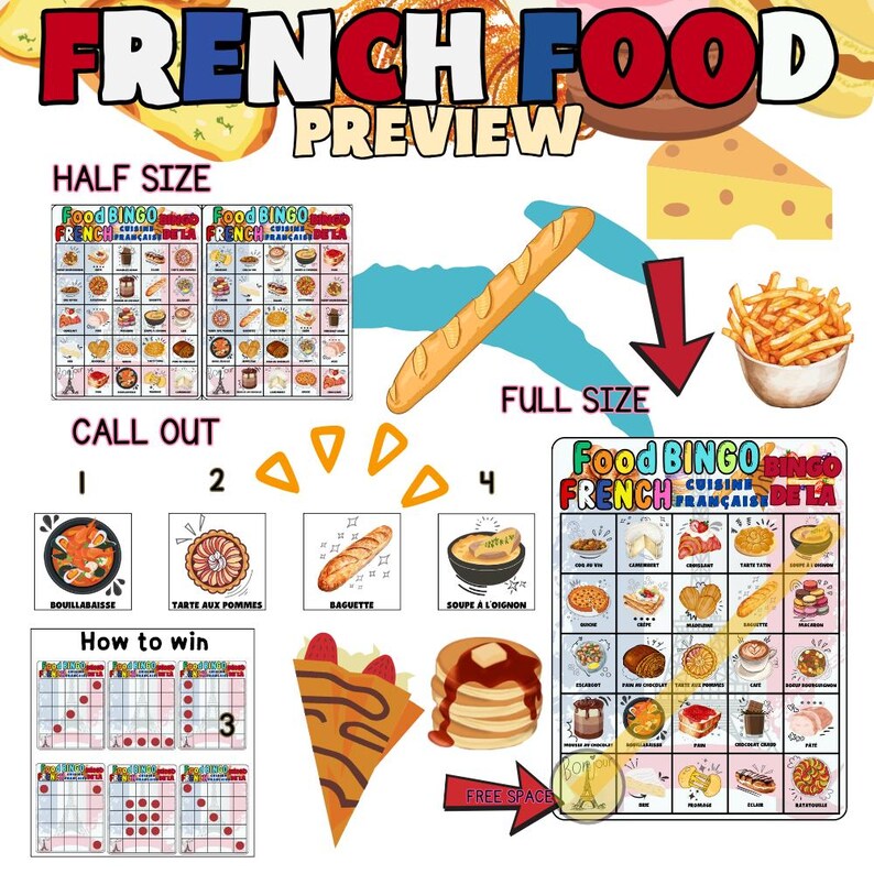 French Food Bingo Game Printable, France Vocabulary Activity, Paris ...
