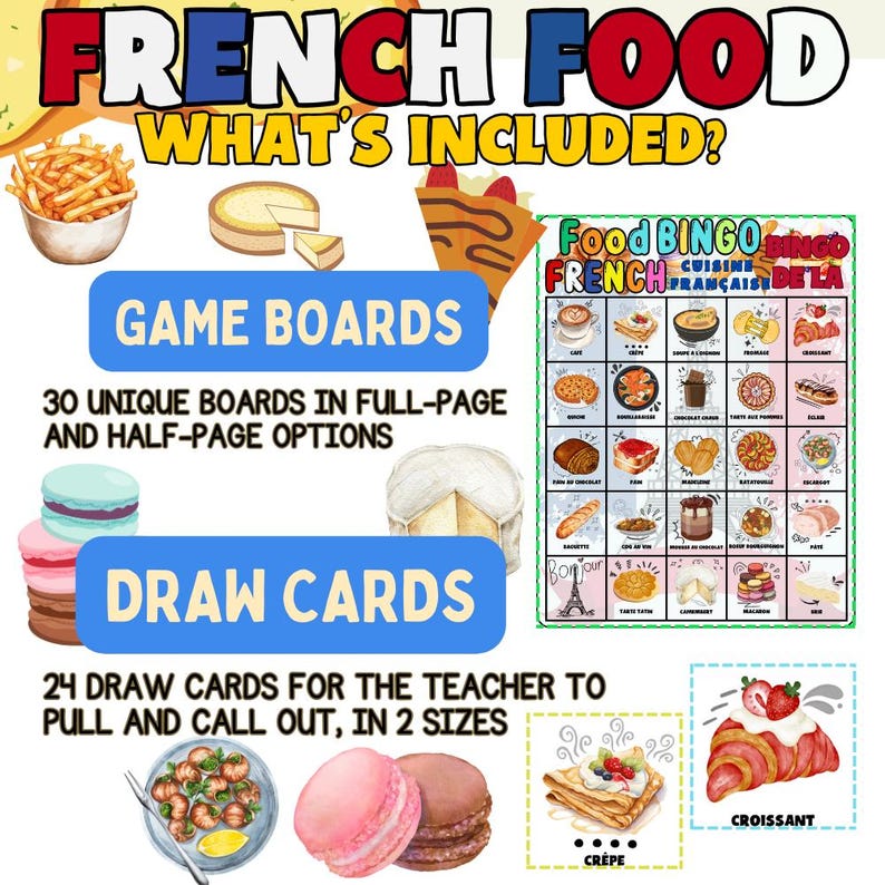 French Food Bingo Game Printable, France Vocabulary Activity, Paris ...