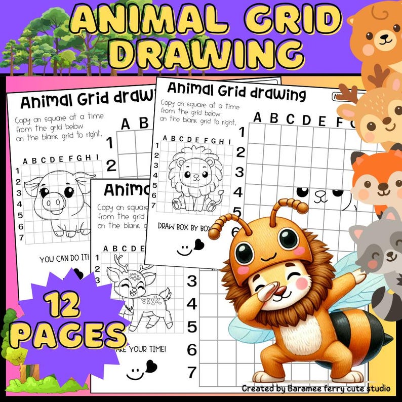 Mystery Grid Drawing Animal Worksheets | Copy the Picture Art Activity ...