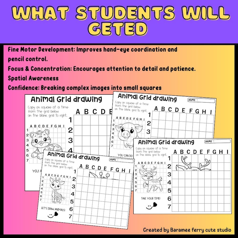 Mystery Grid Drawing Animal Worksheets | Copy the Picture Art Activity ...