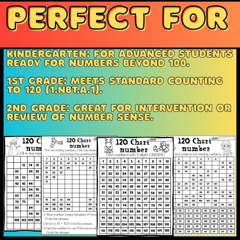 Christmas 120 Chart Missing Numbers Worksheets, 1st Grade Math ...