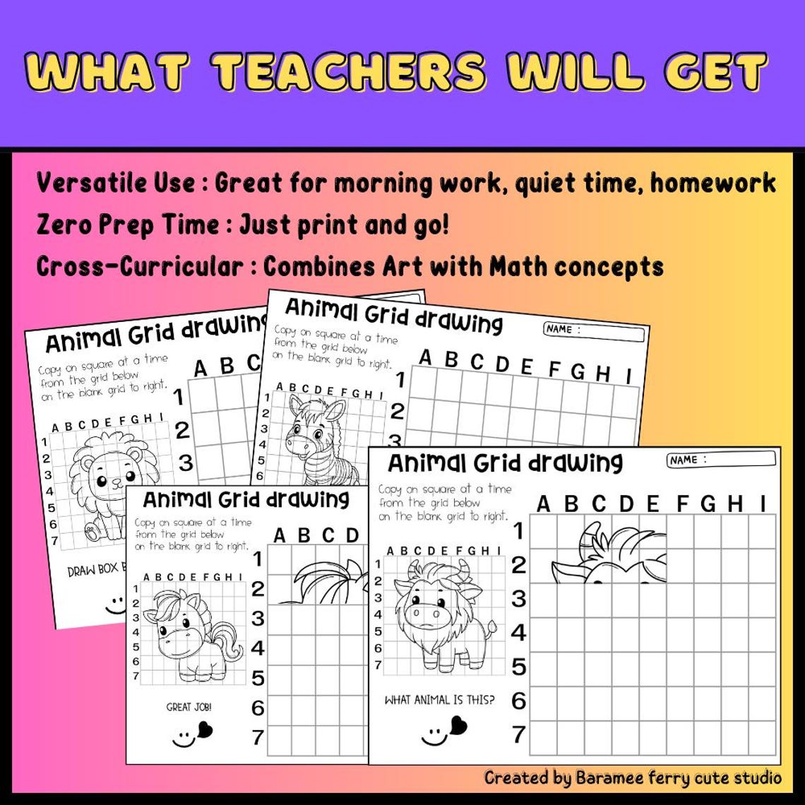 Mystery Grid Drawing Animal Worksheets | Copy the Picture Art Activity ...