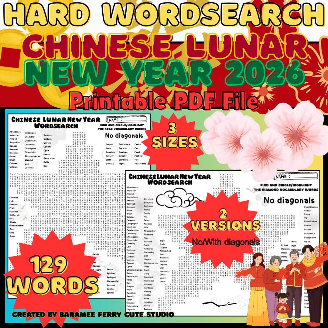 Chinese Lunar New Year 2026 Hard Word Search Printable, 129 Words, Year ...
