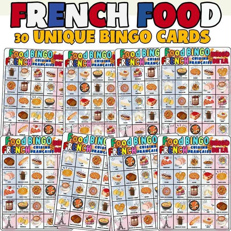 French Food Bingo Game Printable, France Vocabulary Activity, Paris ...