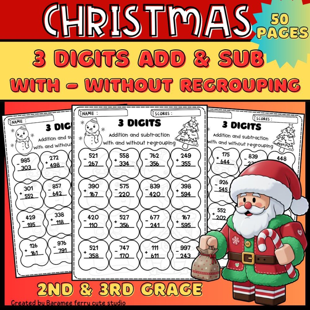 3 Digit Addition and Subtraction Worksheets, Winter Math Packet, 2nd ...