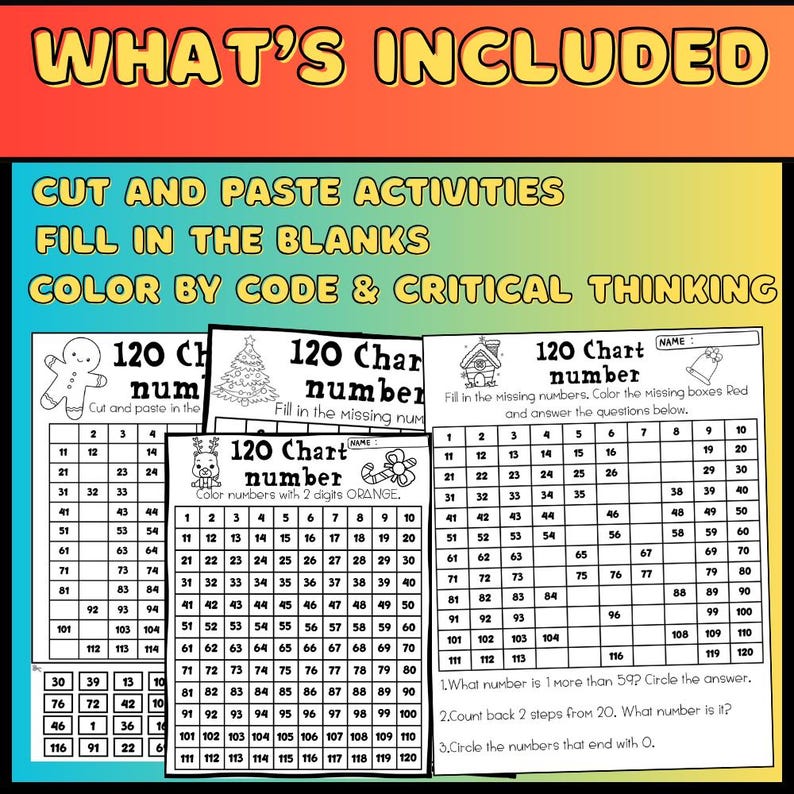 Christmas 120 Chart Missing Numbers Worksheets, 1st Grade Math ...