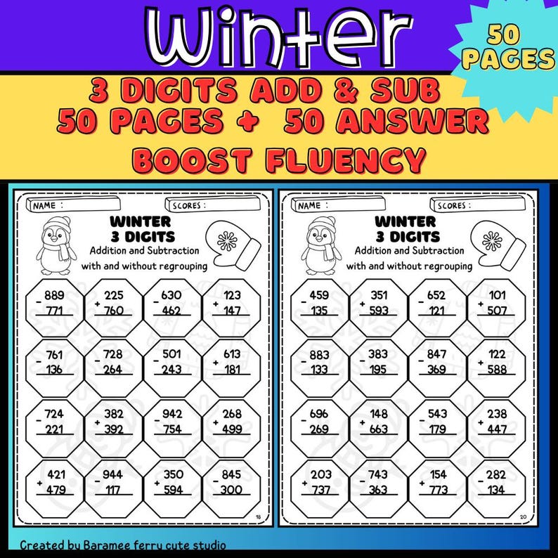 Winter 3 Digit Addition Subtraction Worksheets, 2nd Math Printable ...