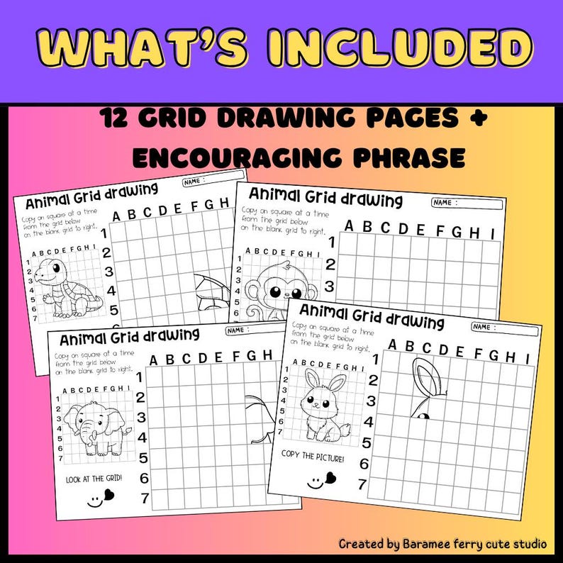 Mystery Grid Drawing Animal Worksheets | Copy the Picture Art Activity ...