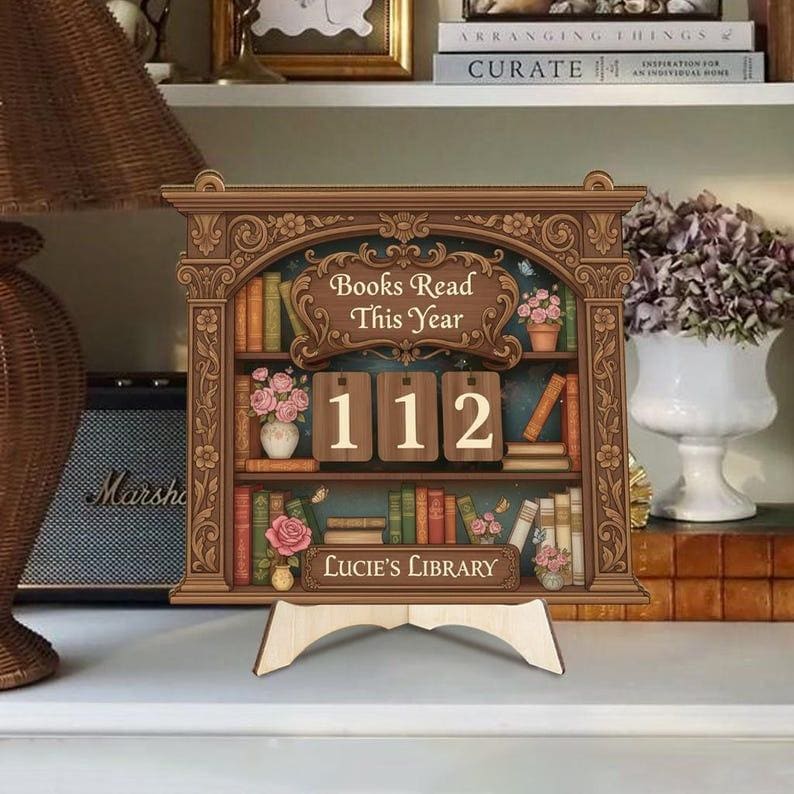 Vintage Bookshelf Reading Tracker Sign, Personalized Book Counter Decor ...
