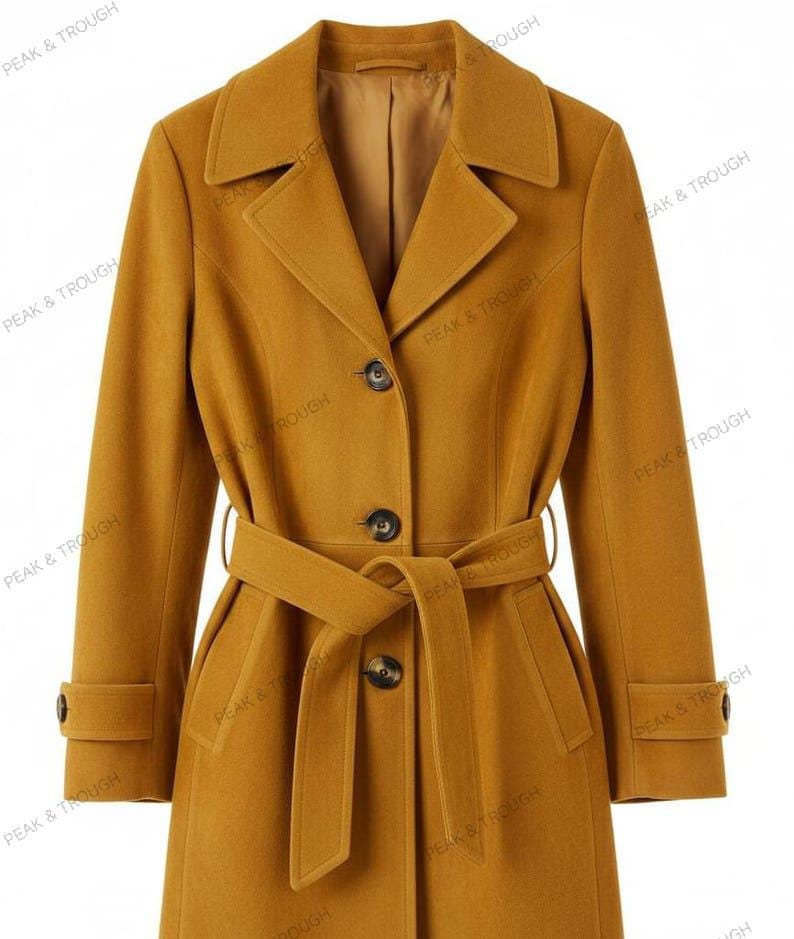Vintage Inspired Mustard Trench Coat – Double-breasted Belted Overcoat ...
