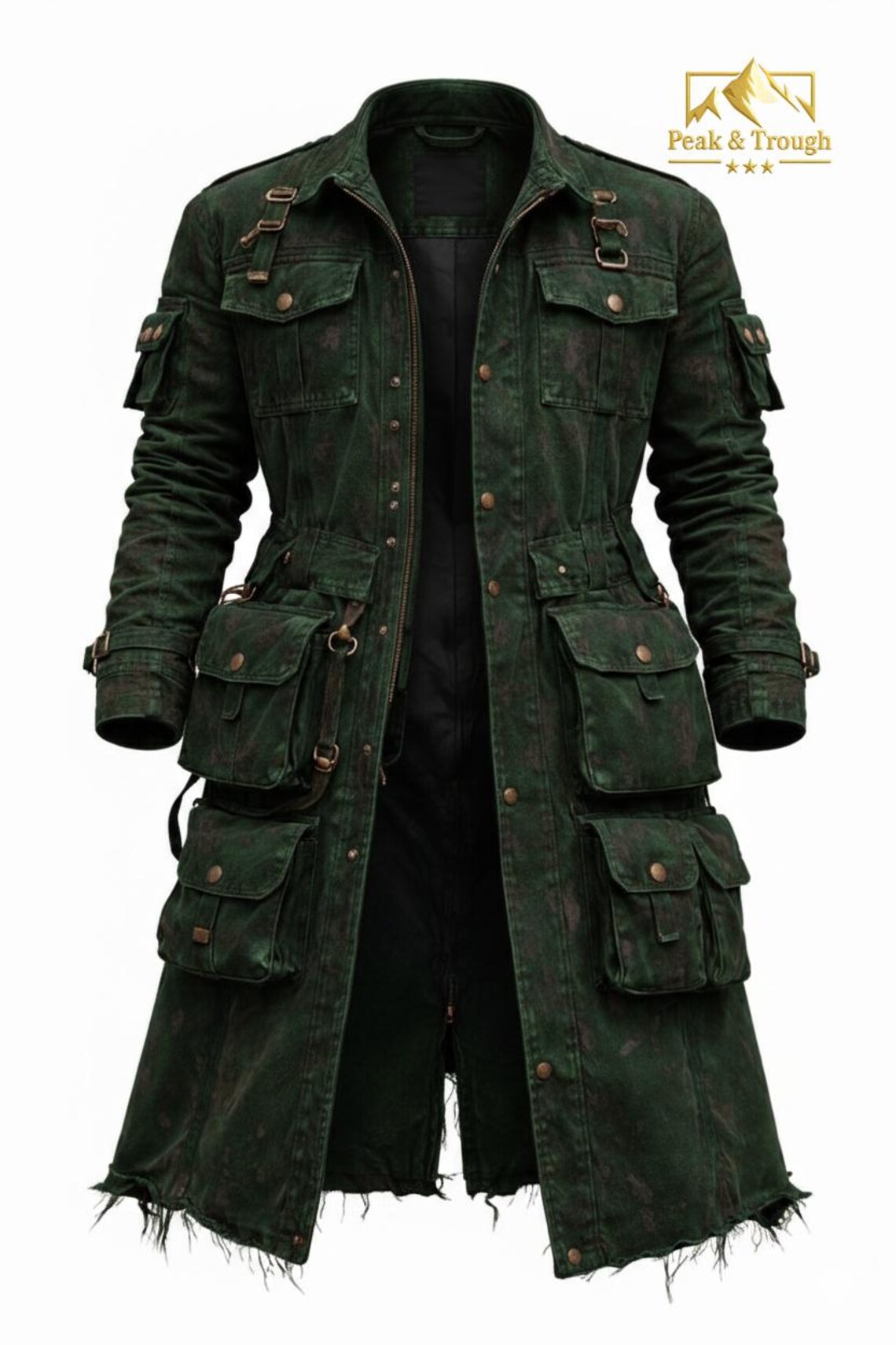 Men's Distressed Green Denim Trench Coat | Steampunk Military Outerwear ...