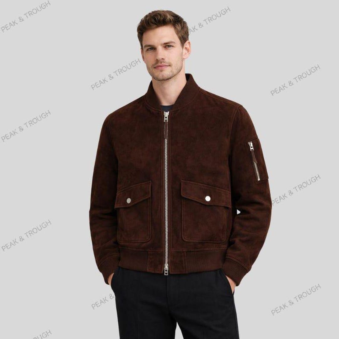Men's Chocolate Brown Goat Suede Bomber Jacket – Slim Fit Aviator Coat ...