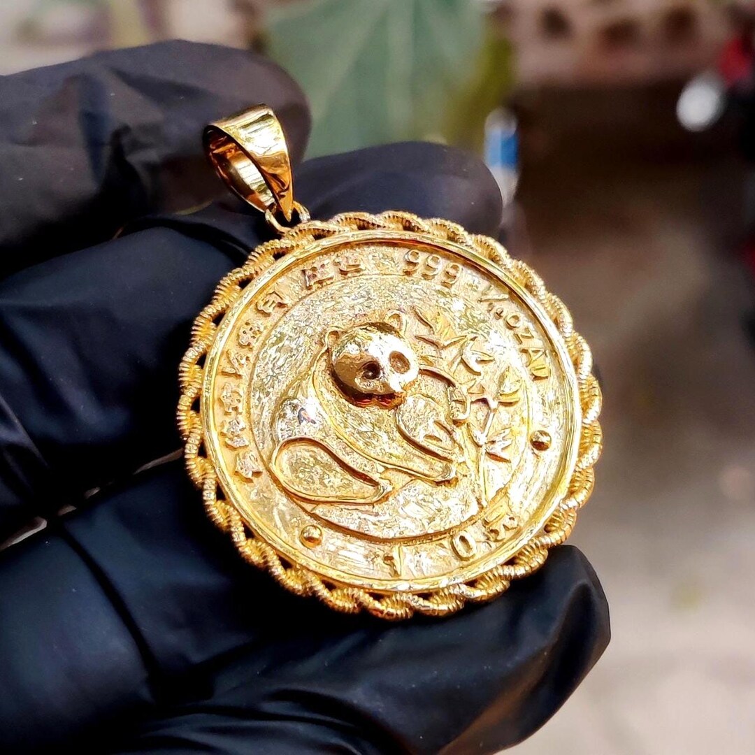 Hip Hop Panda Coin Pendant 14K Yellow Gold Finish 925 Starling Silver ...