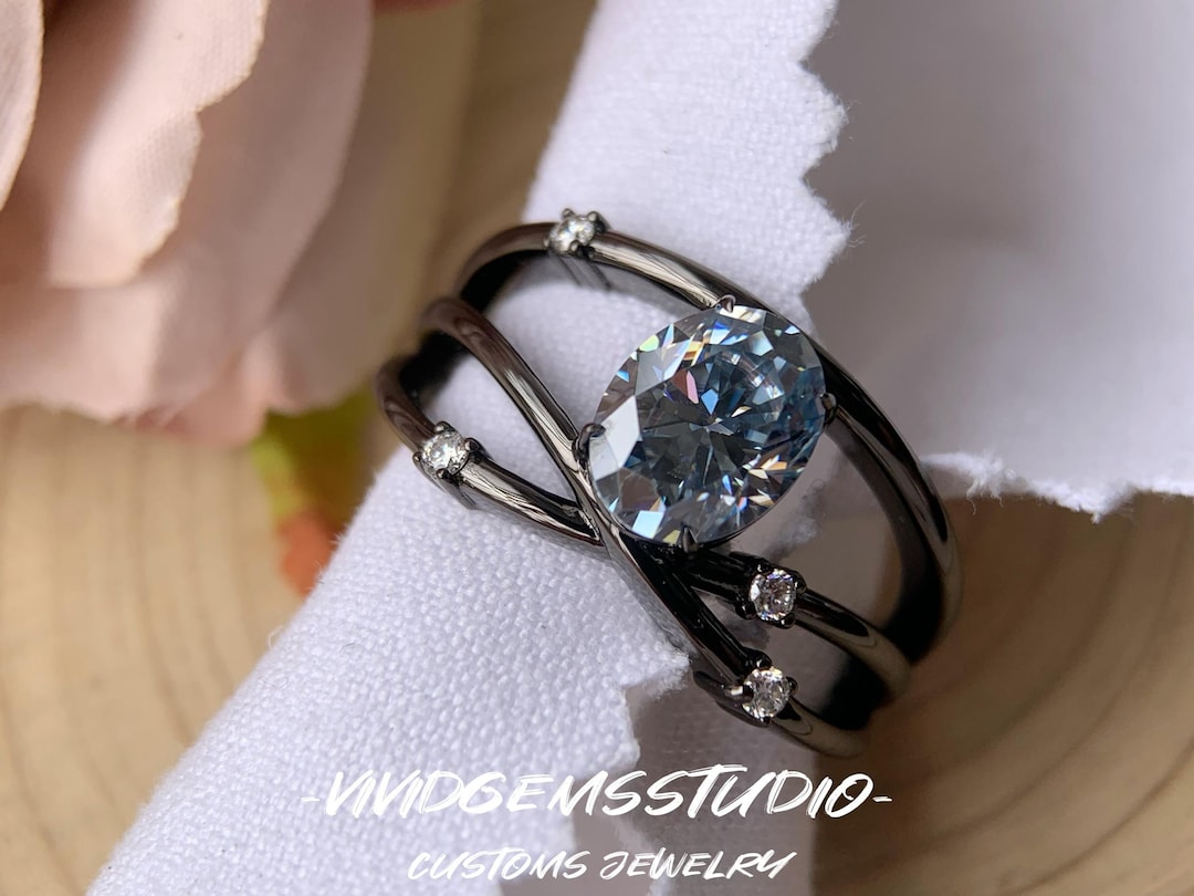2 Carat Light Blue Oval Moissanite Ring, Black 925 Sterling Silver ...