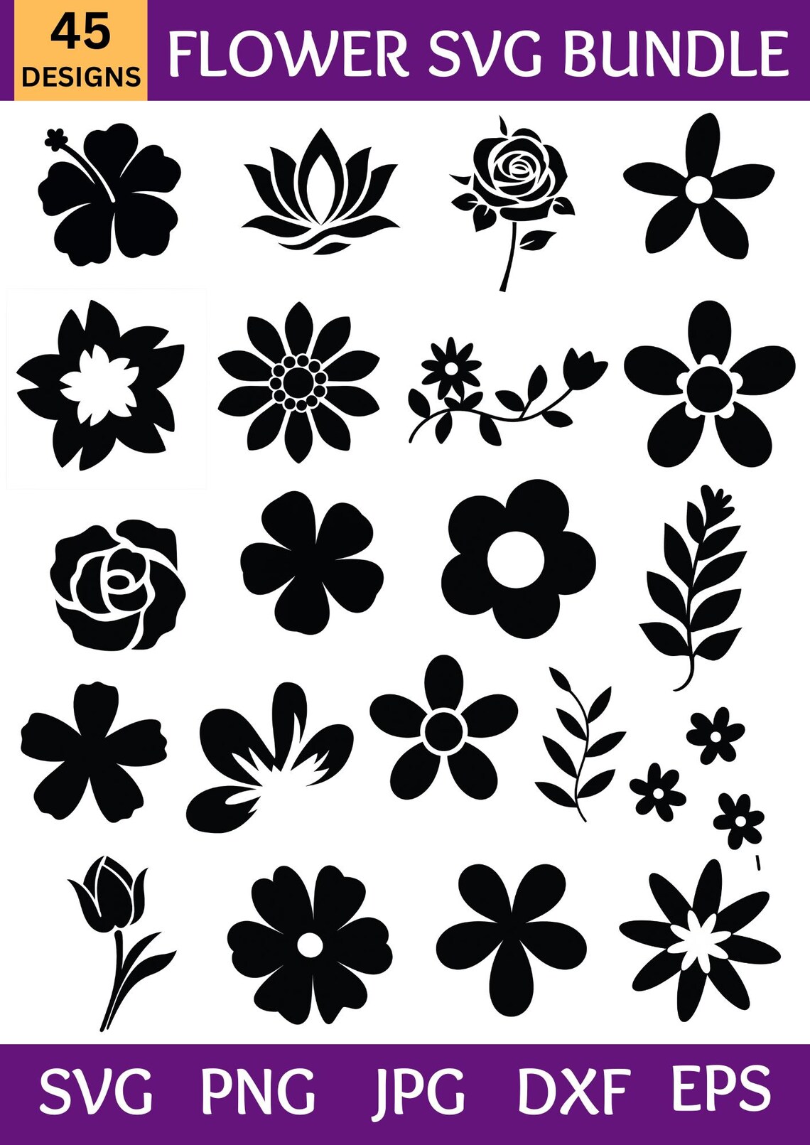 45 Cute Flower SVG Bundle | Floral SVG PNG Set | Flower Cut Files for ...