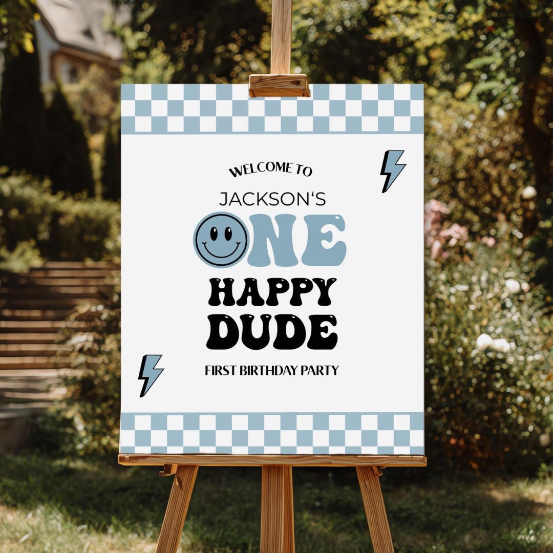 One Happy Dude Welcome Sign Blue Retro Smiley Face Editable Checkered ...