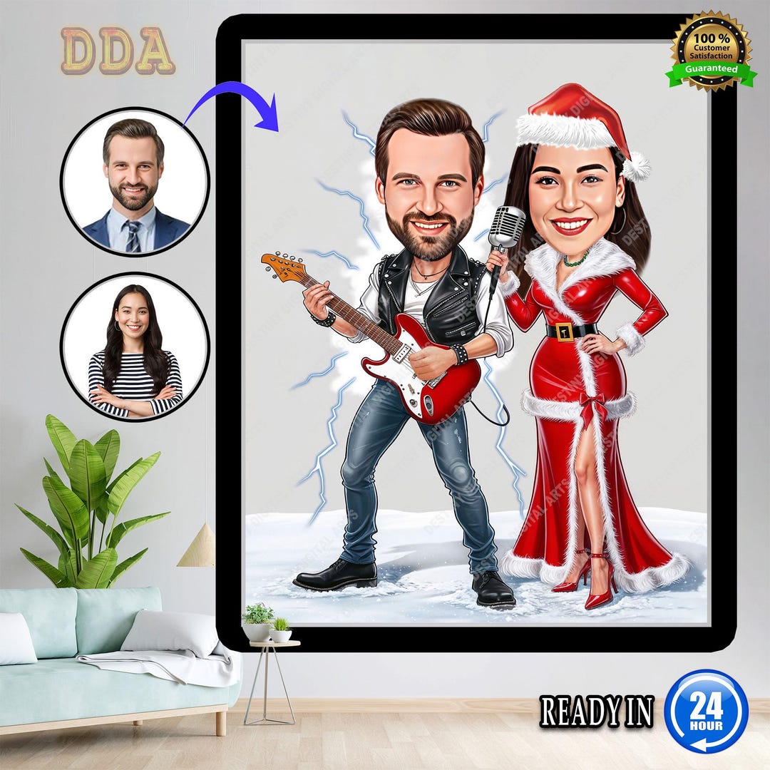 Custom Rocker Santa Couple Caricature | Personalized Christmas Musician ...