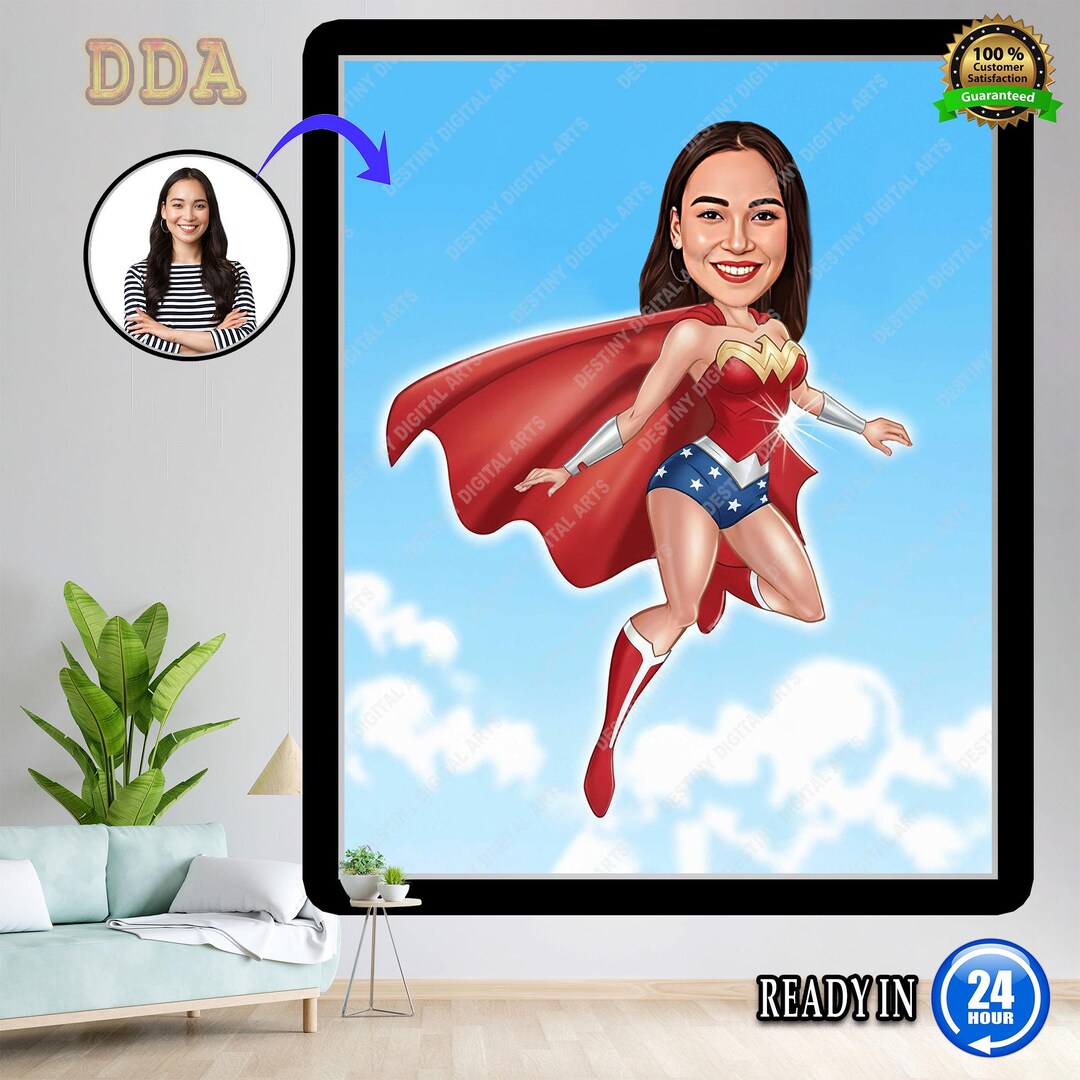 Custom Amazon Hero Caricature | Personalized Superhero Portrait Gift ...