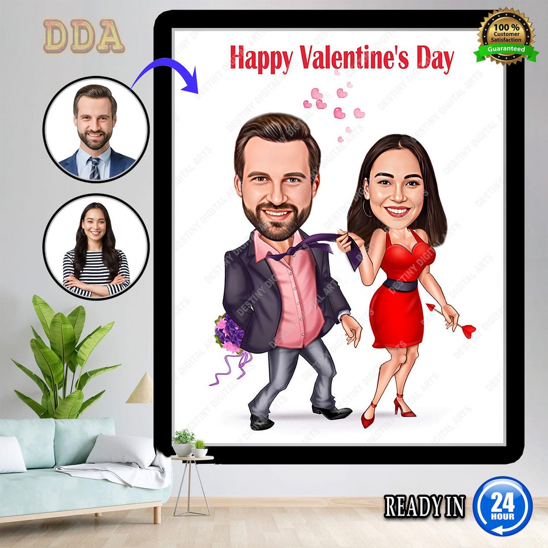 Custom Couple Tie Pull Caricature | Funny Valentine Proposal Art ...