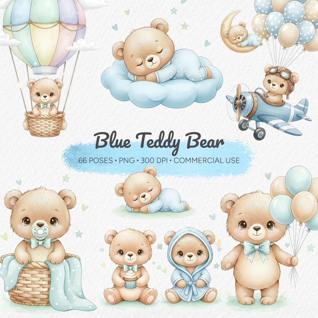 Blue Teddy Bear Clipart: Baby Shower Teddies Set, 66 PNG Files (digital ...