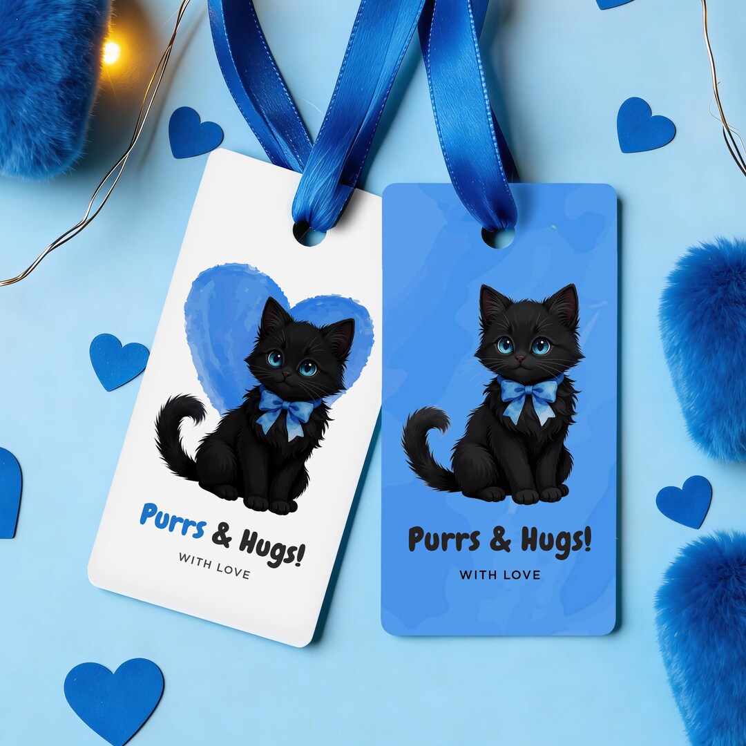 Black Cat Art Gift Tag, Printable Minimal Kitty Gift Topper, Two ...