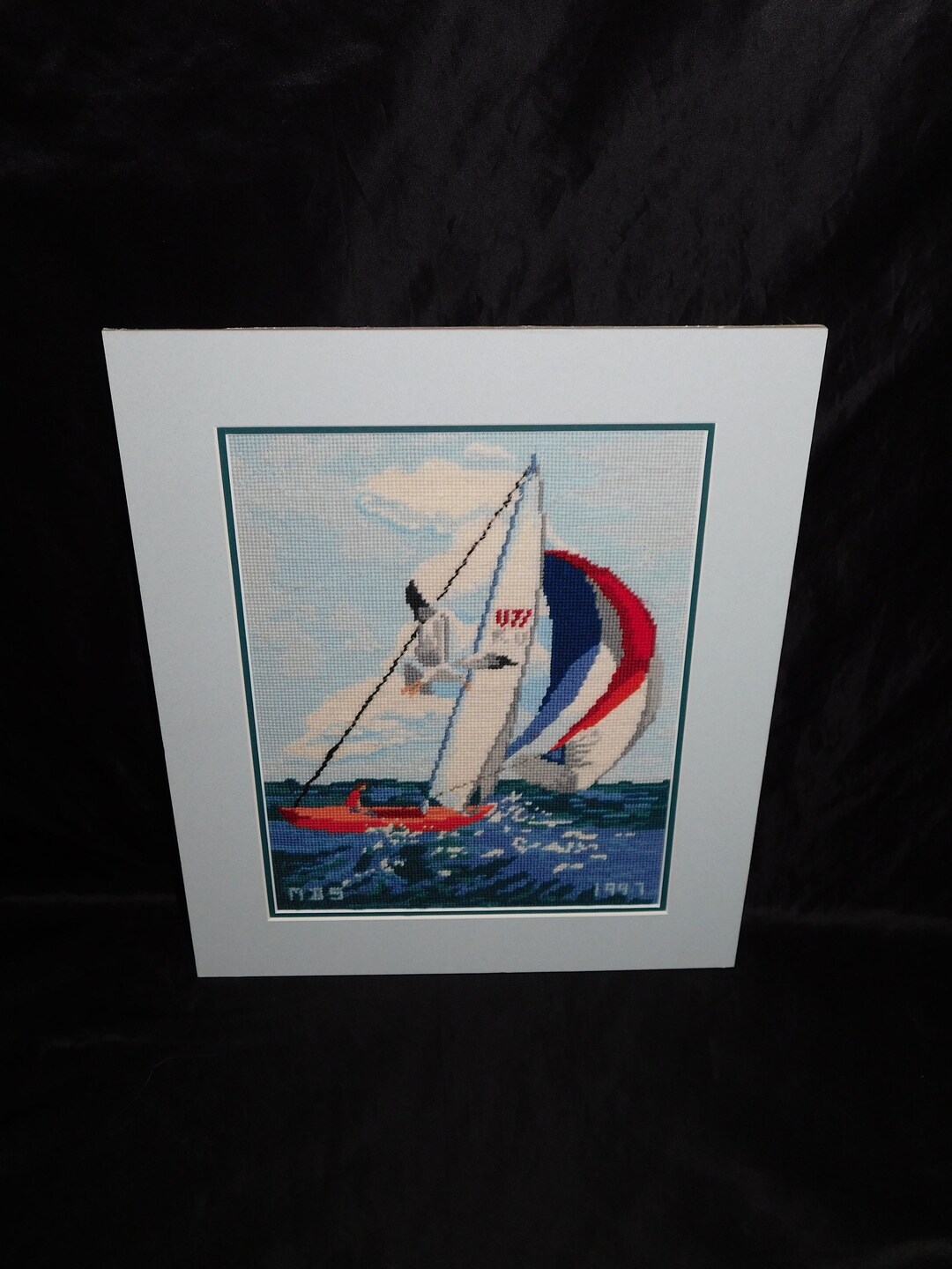 Sailboat Needlepoint Picture Completed Red White Blue Striped Sail Boat ...