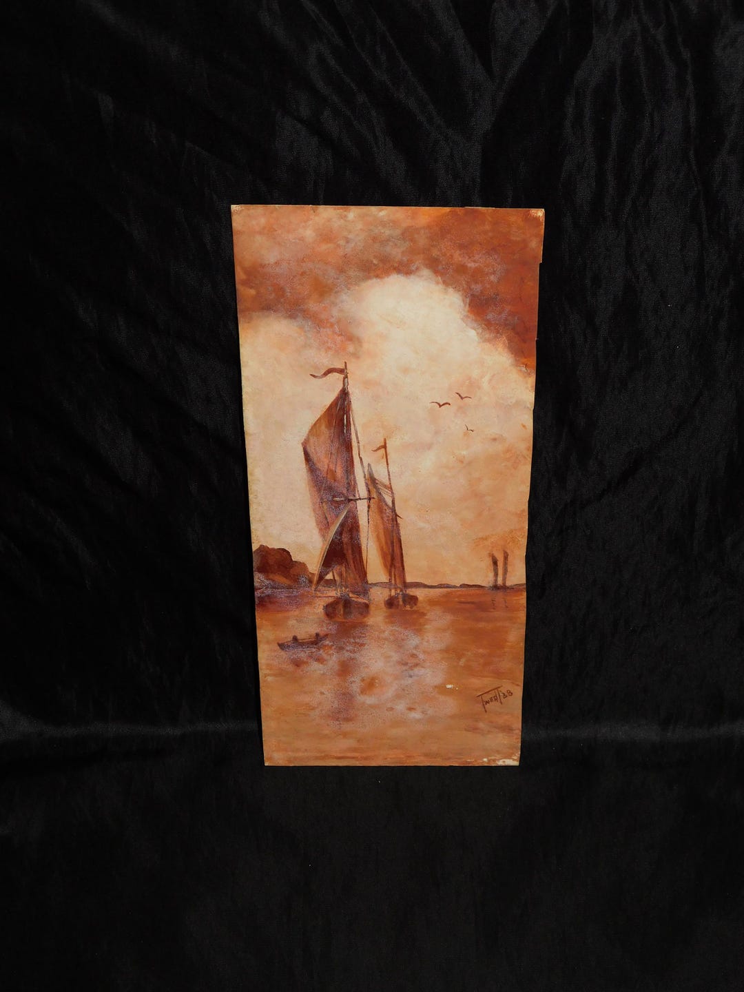 Antique Brown Sailing Ships at Sea Painting 1928 Signed Unframed Small ...