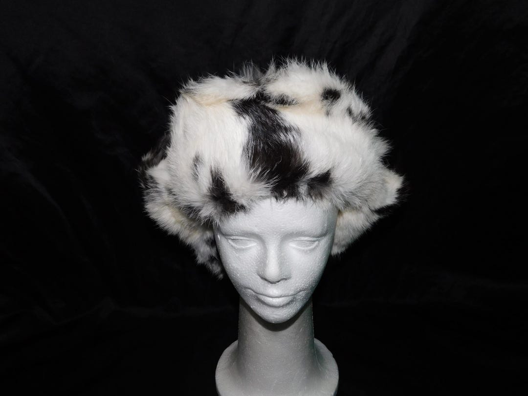 Vintage L XL 59 White Black Spot Rabbit Fur Trapper Hat Winter Tie up ...