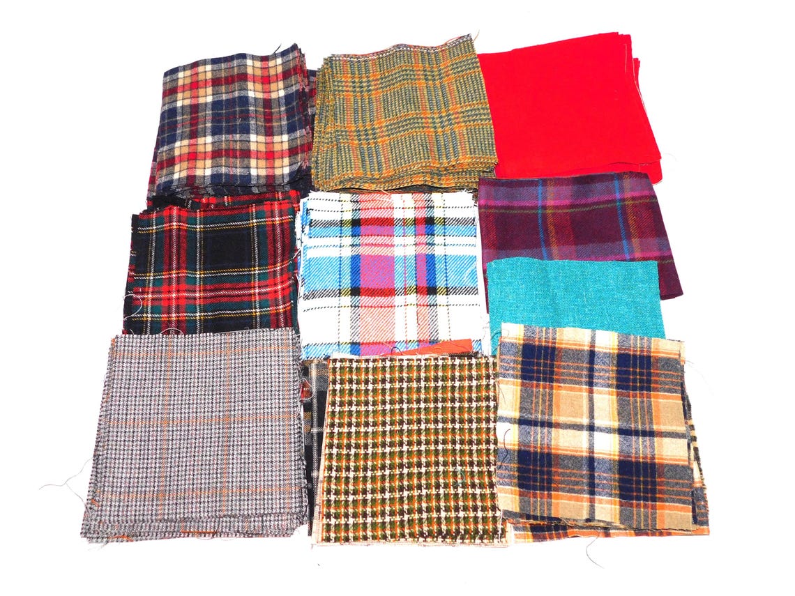 Lot Vintage Wool Fabric Squares 7" Blocks Green Red Blue Brown Solid ...