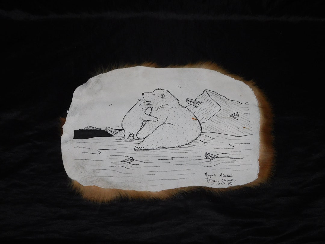 Roger Walluk Nome Alaska Polar Bear Pen Ink Drawing on Rabbit Fur Hide ...
