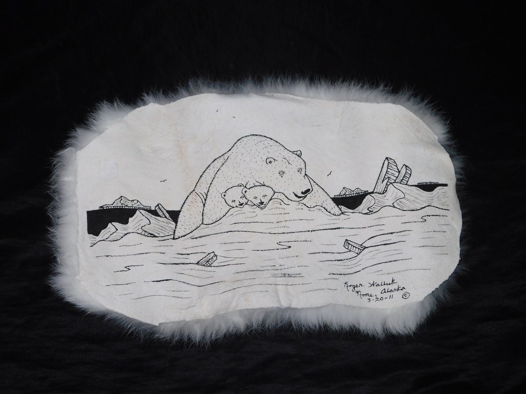 Roger Walluk Nome Alaska Polar Bear Pen Ink Drawing on White Rabbit Fur ...
