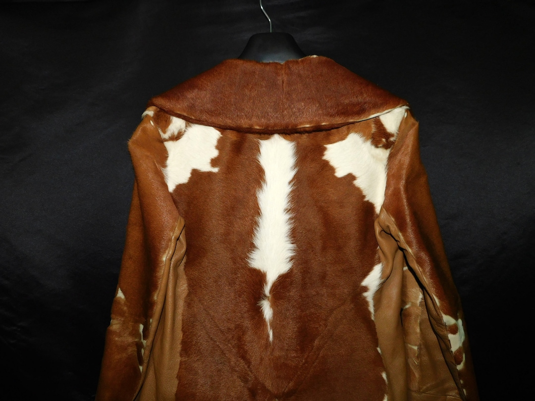 Vintage Western Cowhide Cow Fur Brown White Leather Coat Size S ...