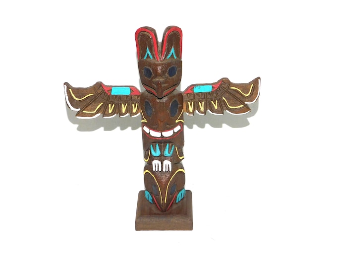 Alaska Made Totem Pole Carved Wood Eagle Wings 8.5 in High Alaskan ...