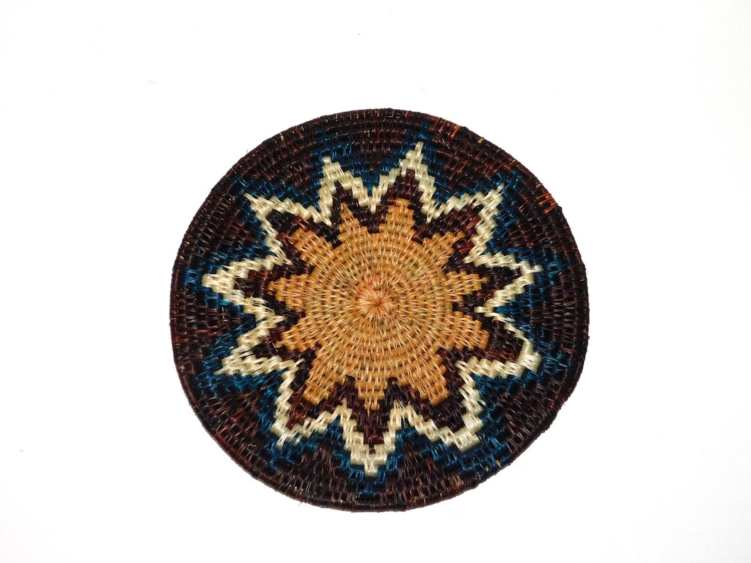 African Sisal Woven Brown Blue White Floral Star Wall Hanging Trivet 8 ...