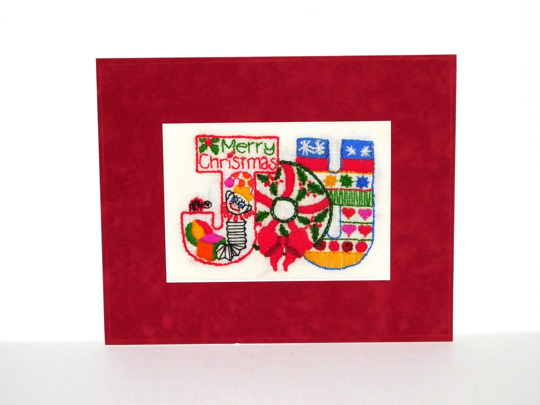 Vintage 70s JOY Merry Christmas Embroidery Picture Red Mat From Jiffy ...