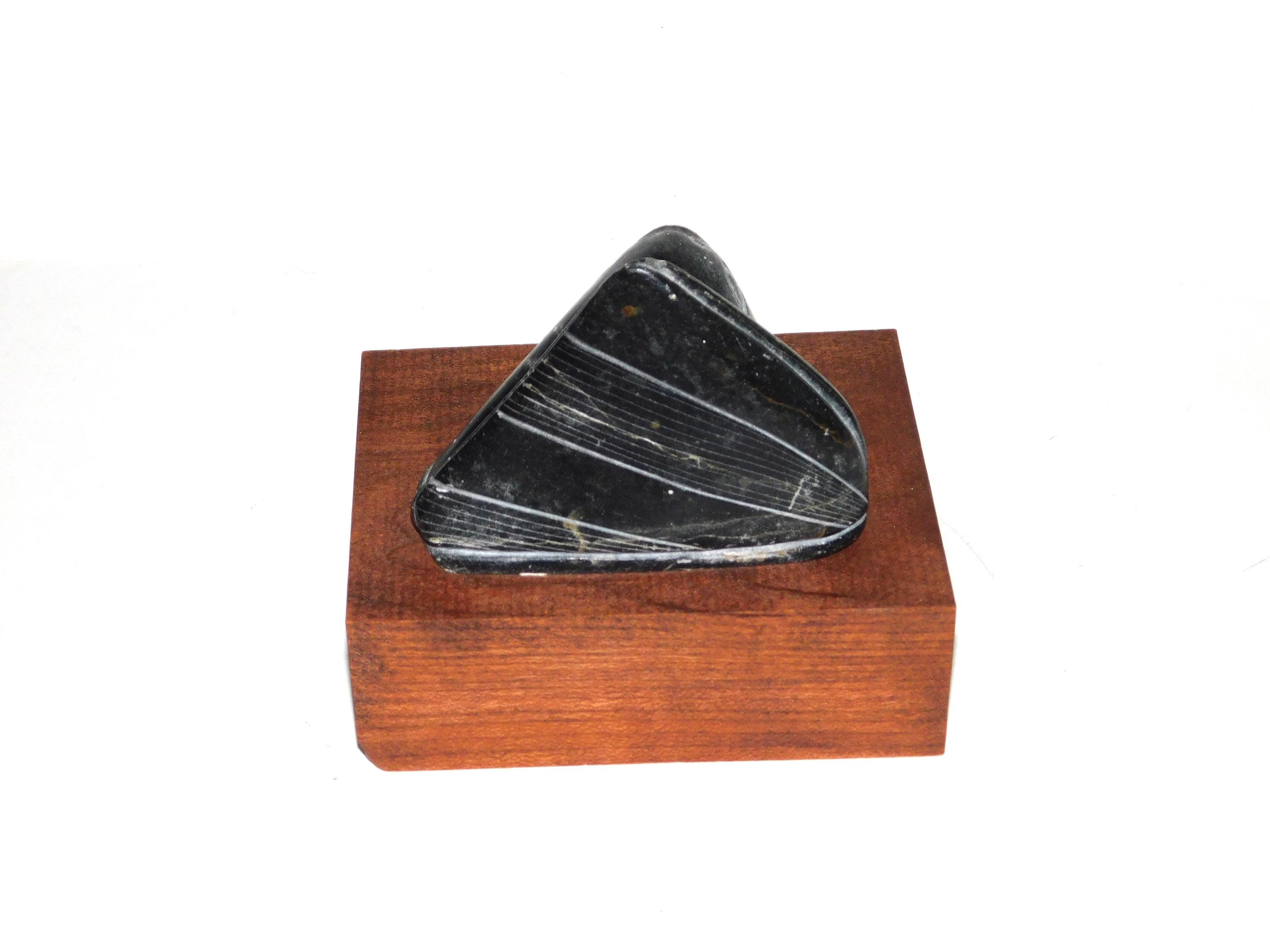 Vintage Inuit Fish Beluga Whale Soapstone Carving Fin Back on Wood Hand ...