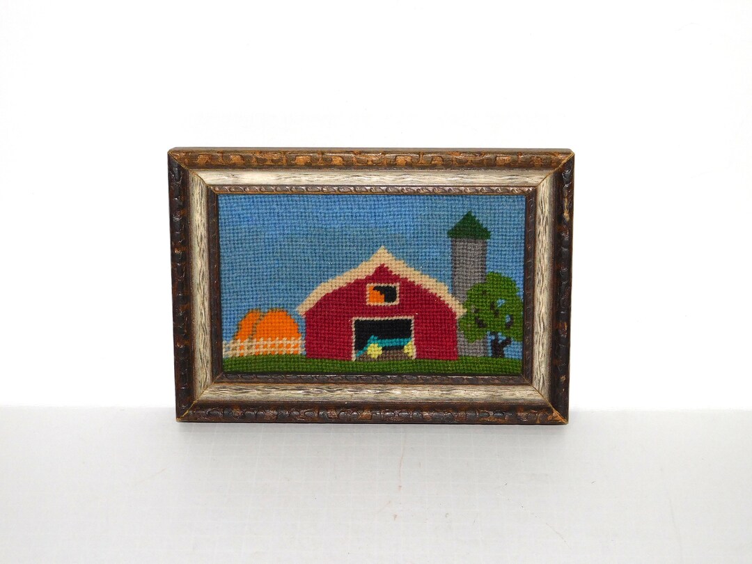 Vtg Farm Red Barn Silo Green Tractor Framed Needlepoint Picture ...