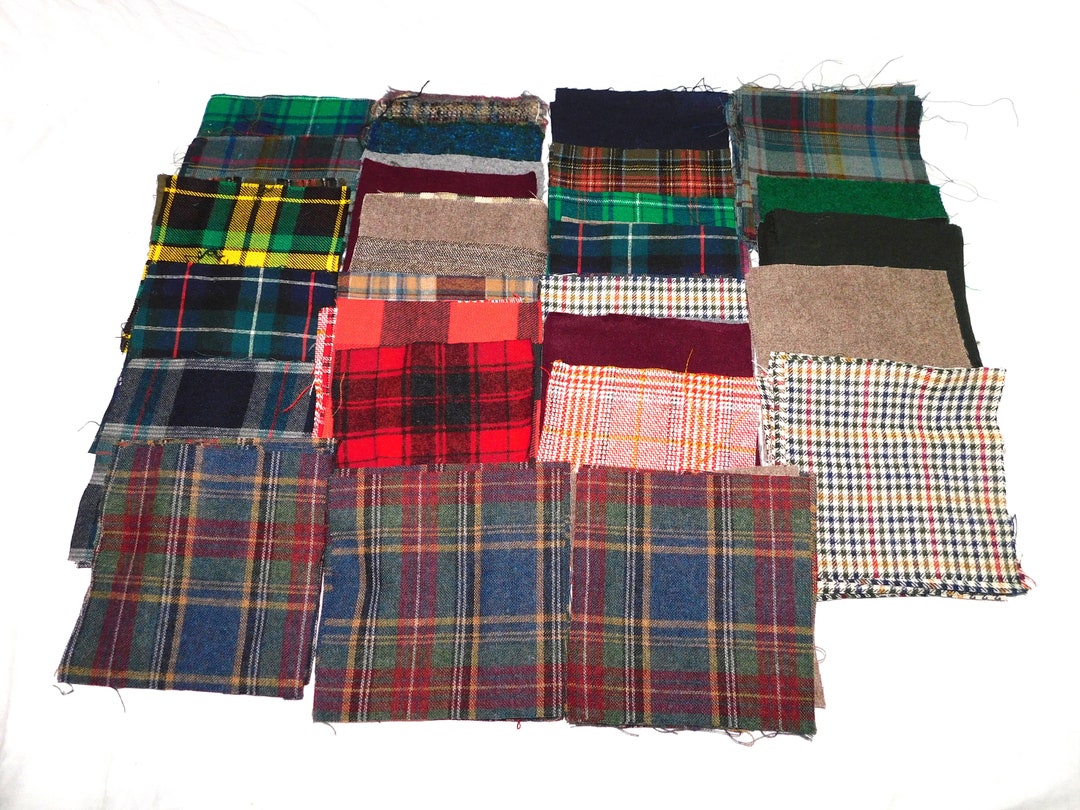 2 Lb Lot Vintage Wool Fabric Squares 7" Blocks Mixed Blue Green Red ...