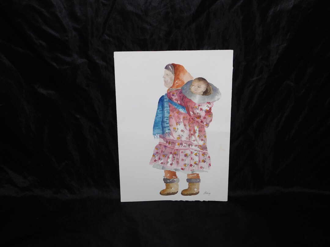 Alaska Native Eskimo Woman Packing Baby Kuspuk Parka Watercolor ...