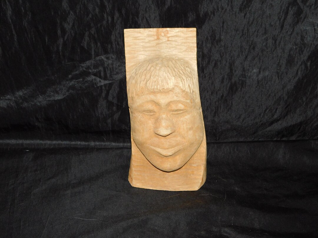 Alaska Native Eskimo Man Smiling Face Wood Carving on Willow Branch ...