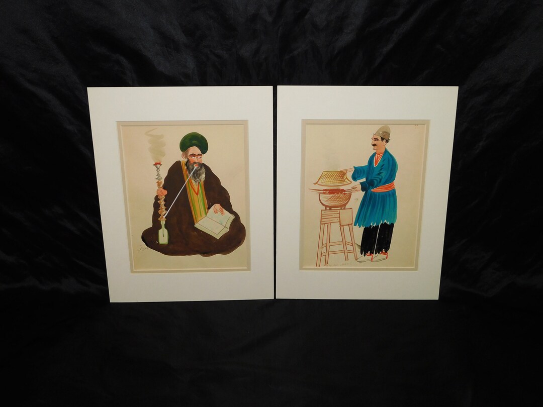 Persian Paintings Man Smoking Hookah Cooking Kebobs Set 2 Signed Asghar ...
